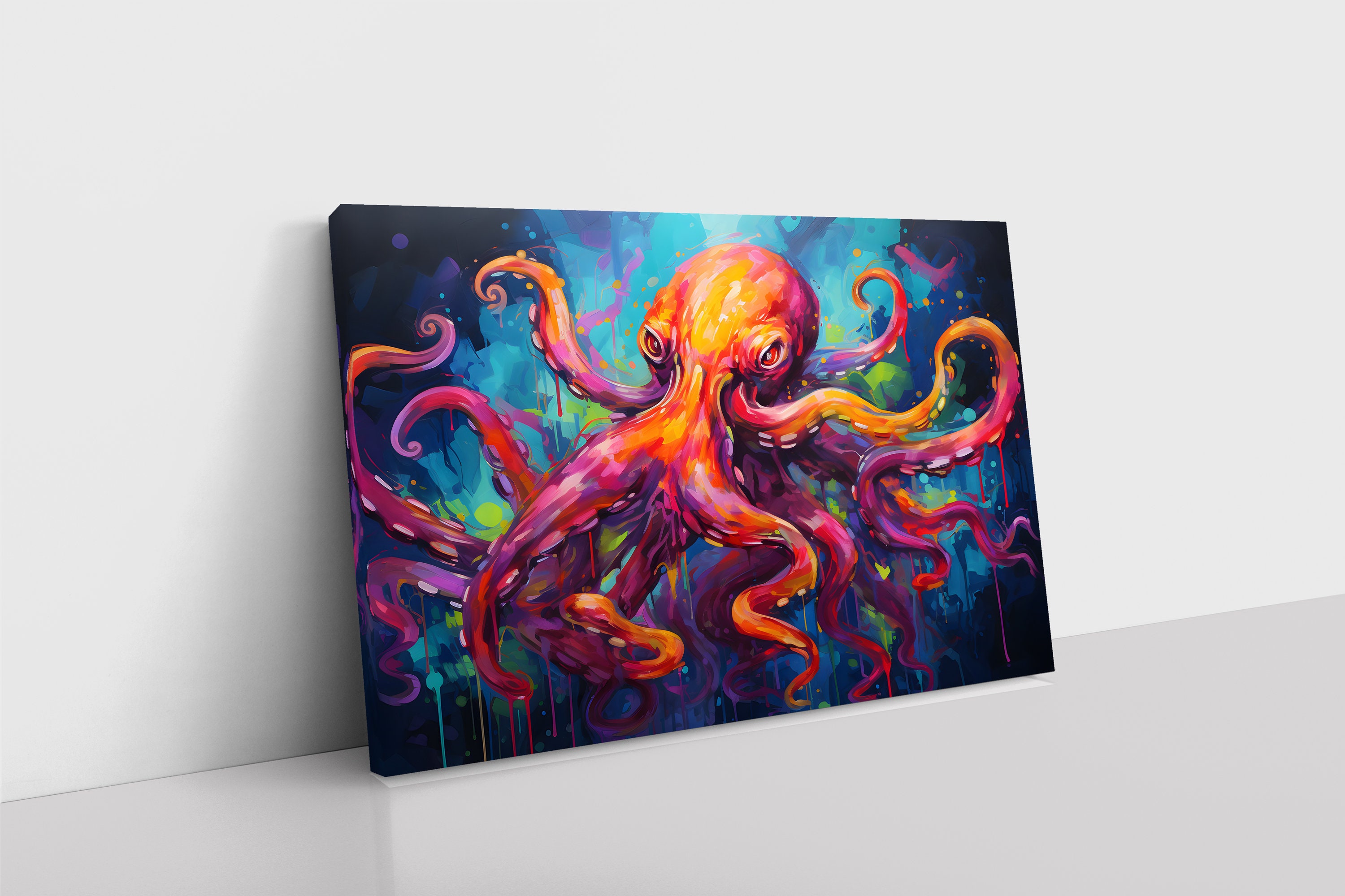 Colorful Octopus Oil Painting Print on Framed Canvas Wall Art - Etsy