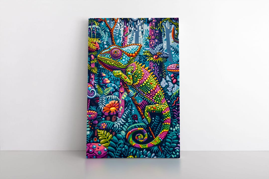 Colorful Trippy Chameleon Wall Art Print on Framed Canvas | Jungle ...