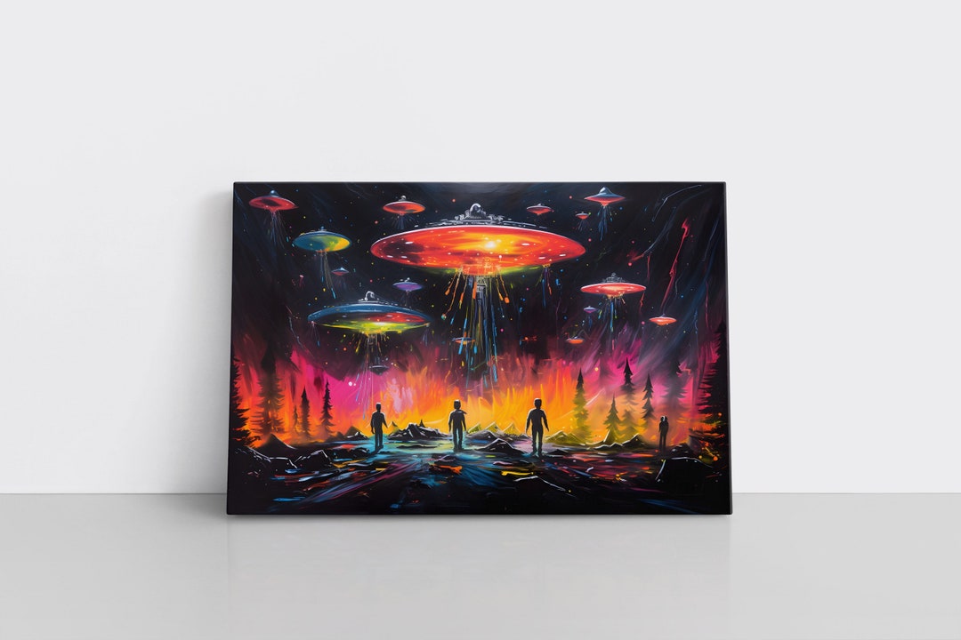 UFO Painting Framed Canvas Print Trippy Aliens Artwork Flying Saucer ...