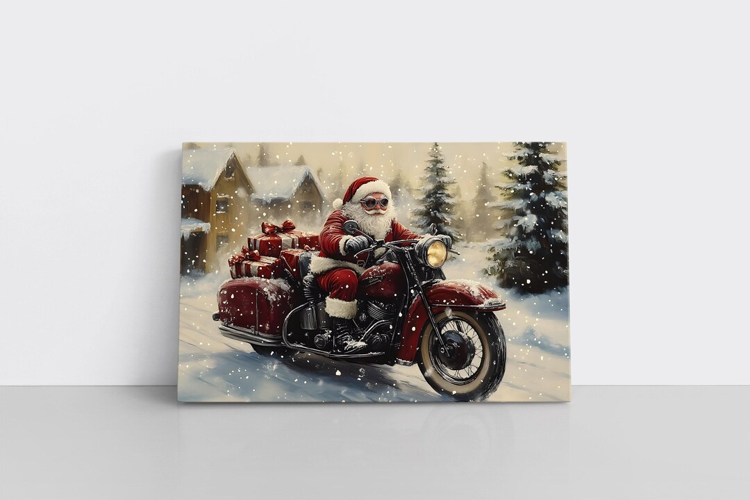 Vintage Cool Biker Santa Clause on Motorcycle Painting Print Framed ...