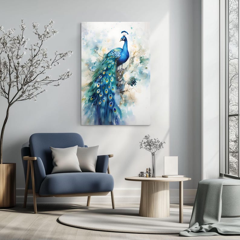 Blue Peacock | Abstract Watercolor Painting Print Canvas Wall Art ...