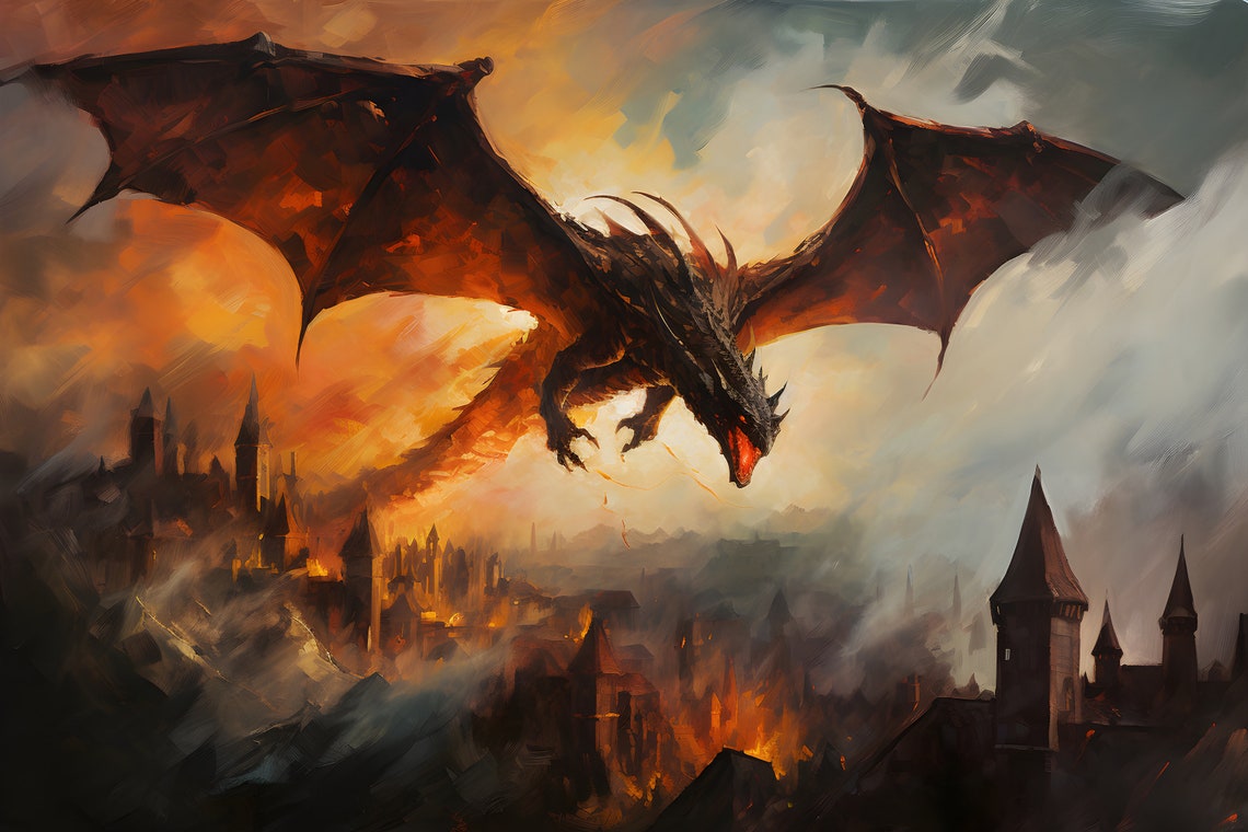 Vintage Dragon Oil Painting Print Framed Canvas Wall Art - Etsy