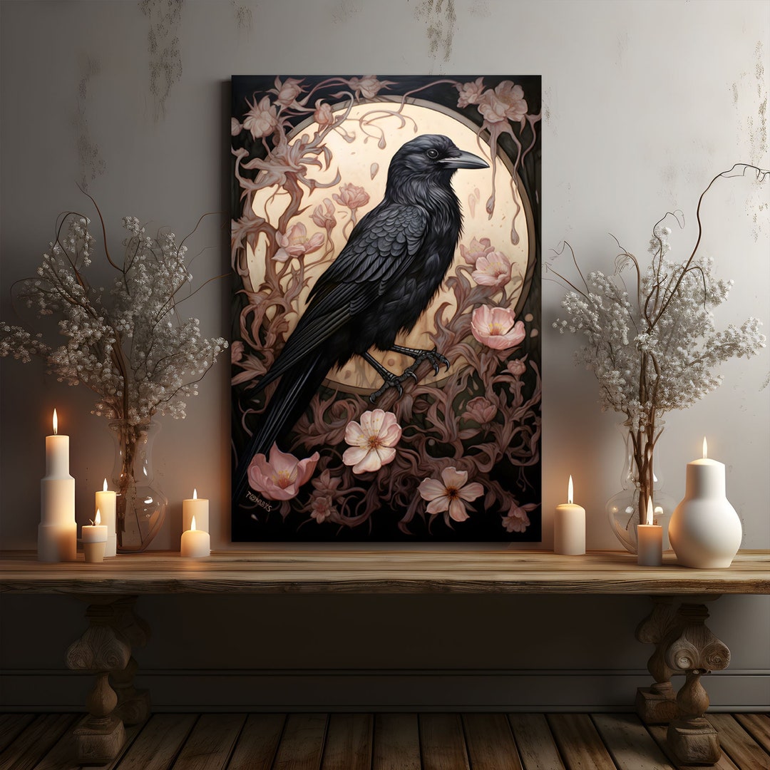 Gothic Raven & Rose Flowers Canvas Wall Art Print | Dark Crow | Goth ...