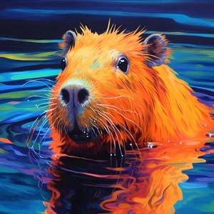 Colorful Neon Capybara Oil Painting Print on Framed Canvas Wall Art ...