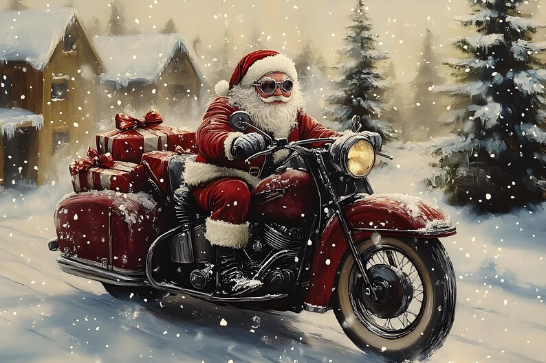 Vintage Cool Biker Santa Clause on Motorcycle Painting Print Framed ...