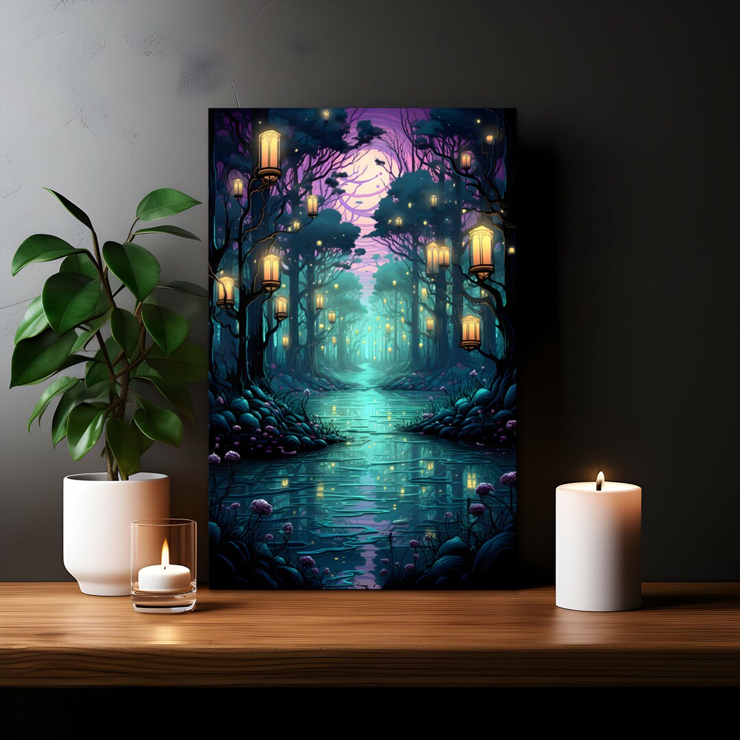 Enchanted Magical Spirit Forest & Lanterns Digital Art Print Canvas ...