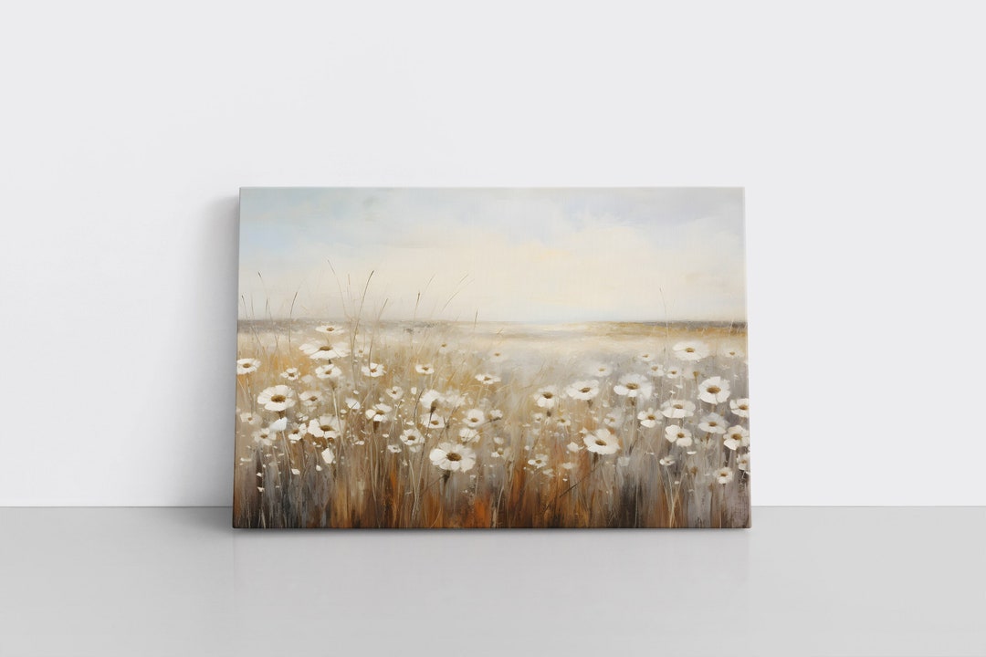 Vintage Country Landscape Daisies Wildflowers Painting Print Canvas ...
