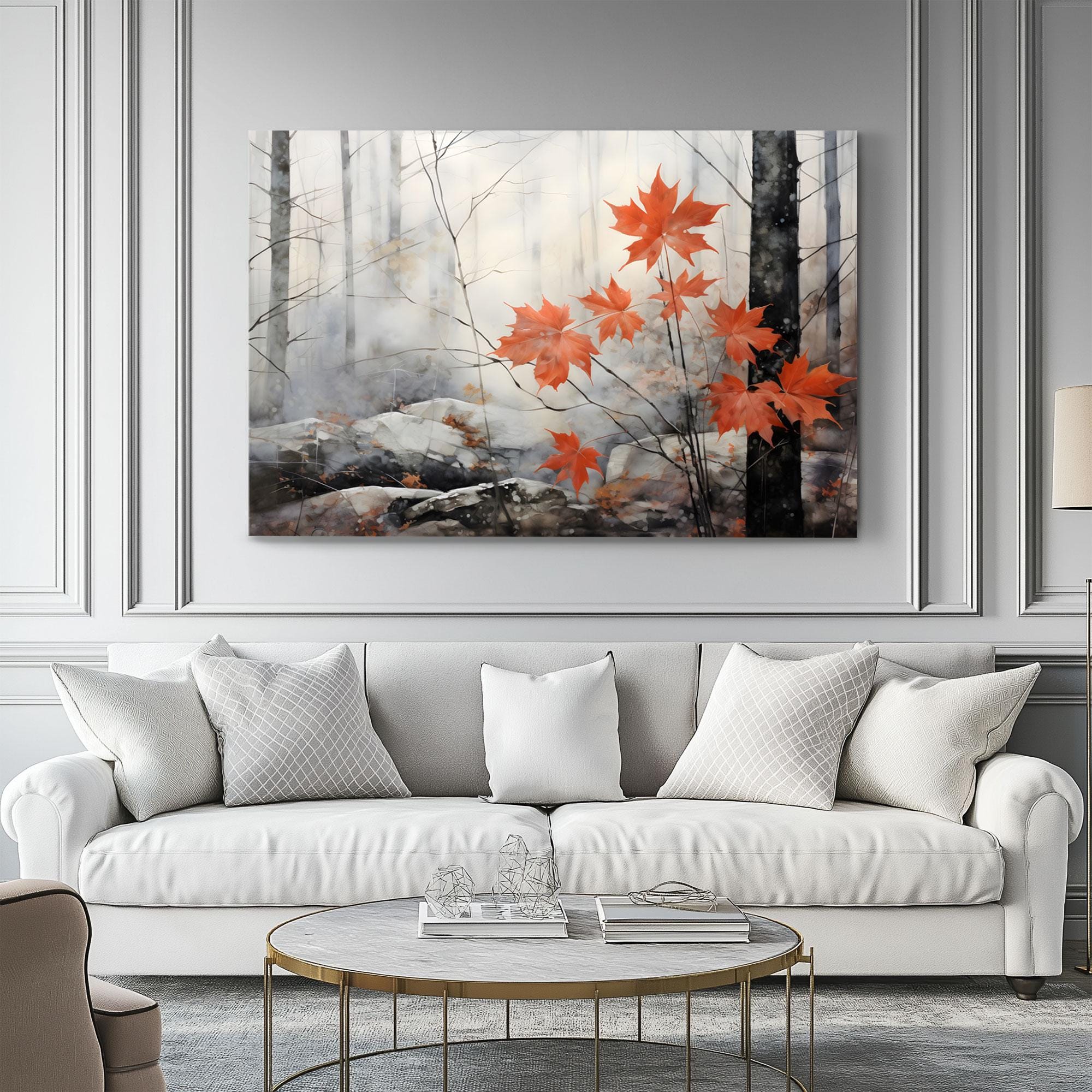 Foggy Forest Painting | Misty Maple Tree Leaves Framed Canvas Wall Art ...
