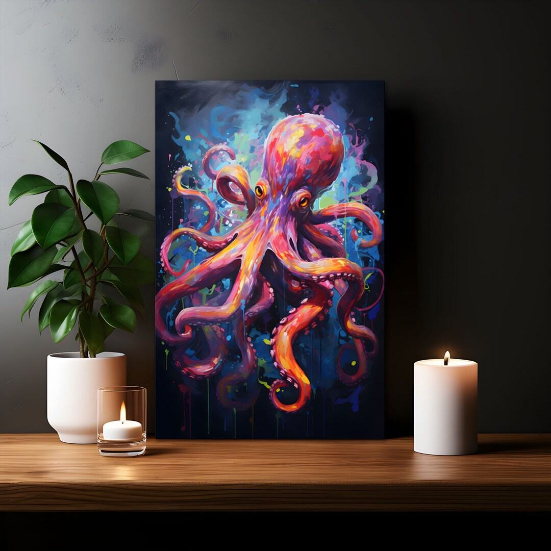 Colorful Octopus Oil Painting Print on Framed Canvas | Sea Life Artwork ...