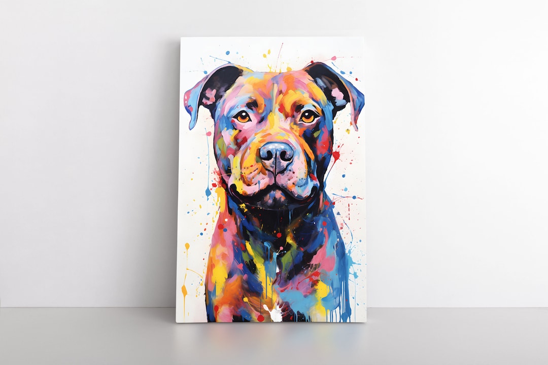Colorful Abstract Pitbull Dog Portrait Painting Print on Canvas | Cute ...