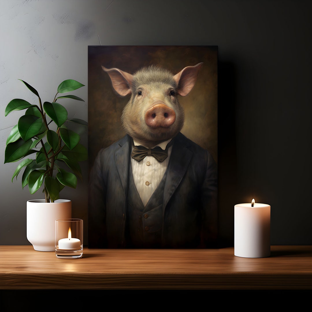 Funny Victorian Pig Portrait Painting Print on Framed Canvas Wall Art ...