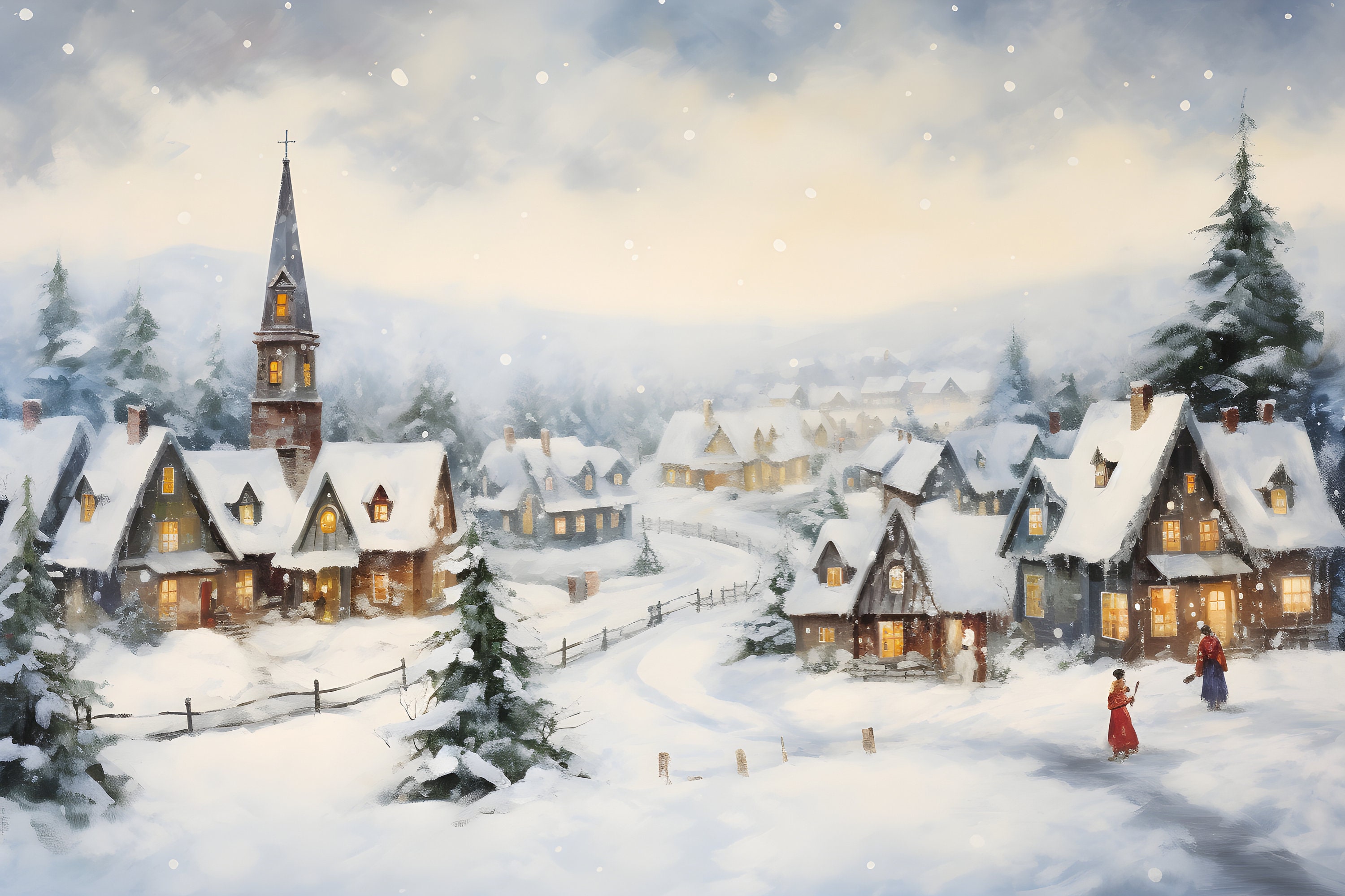 Vintage Snowy Christmas Village Painting Print Framed Canvas Seasonal ...