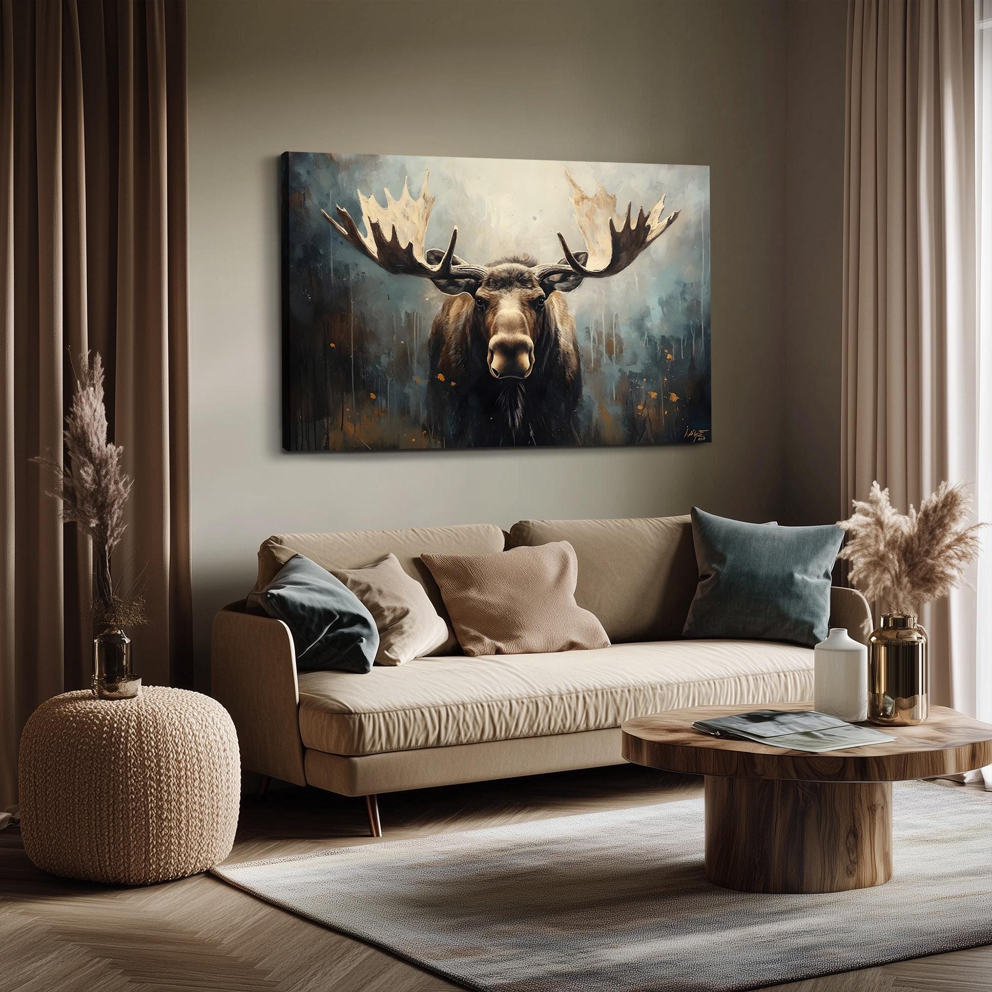 Dark Moose Wall Art Print on Framed Canvas | Rustic Alaskan Animals ...