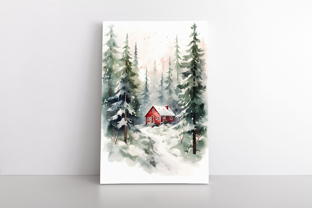Minimalist Watercolor Snowy Cabin in Winter Forest Painting Print ...