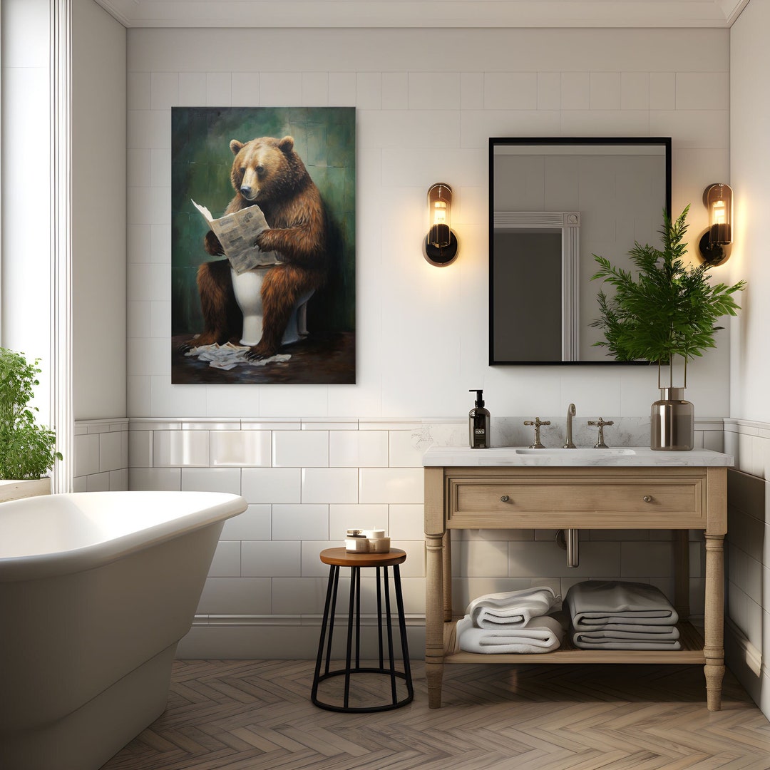 Brown Grizzly Bear Sitting on the Toilet | Framed Canvas Painting Print ...