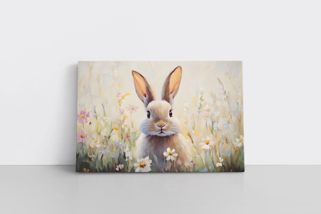 Cute Bunny Rabbit & Pretty Spring Wildflowers Painting Print on Framed ...