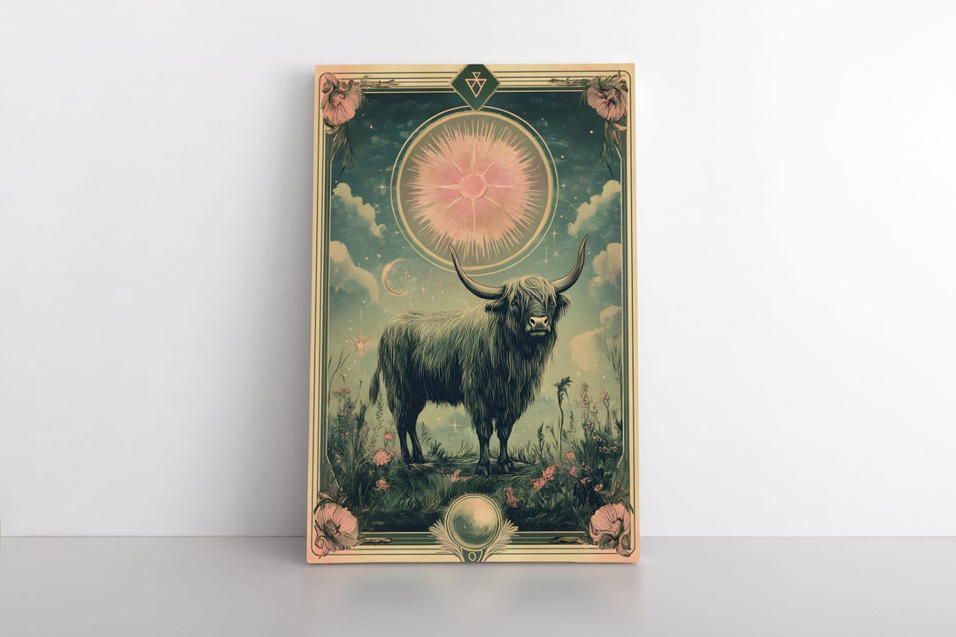 Shaggy Highland Cow Canvas Wall Art Print | Tarot Card Inspired Taurus ...