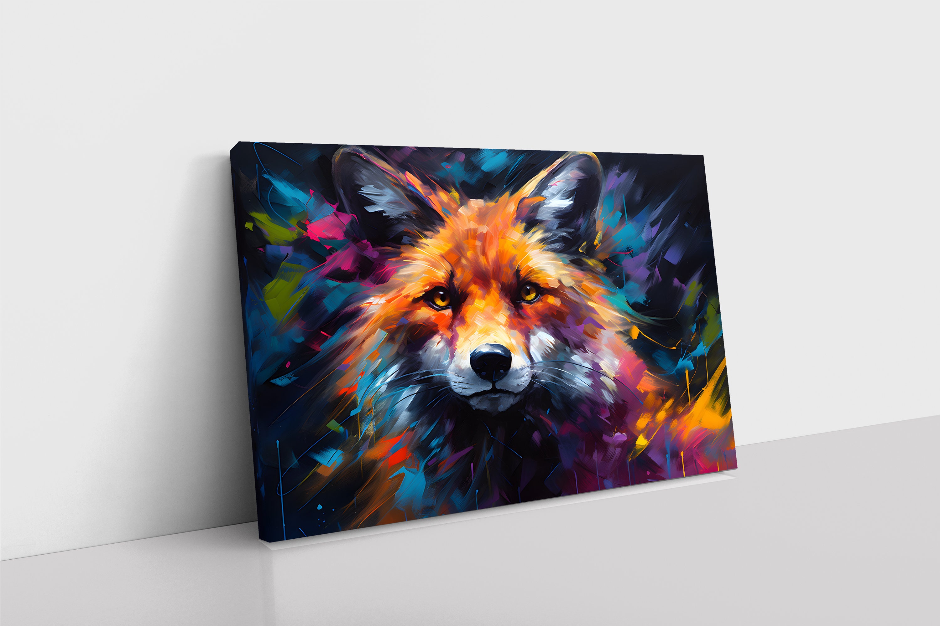 Colorful Neon Red Fox Portrait Oil Painting Print Thick - Etsy