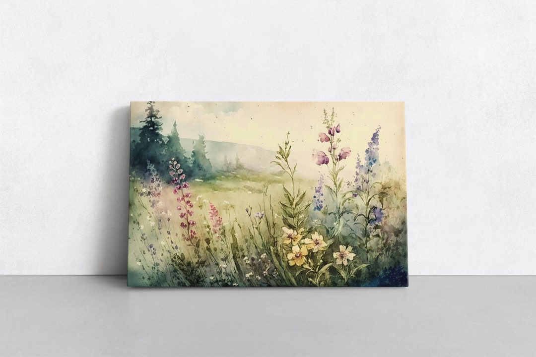 Vintage Watercolor Wildflowers Forest Landscape Painting Print Canvas ...