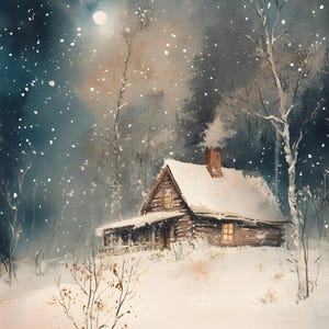 Rustic Log Cabin in Snowy Winter Forest Watercolor Painting Print on ...