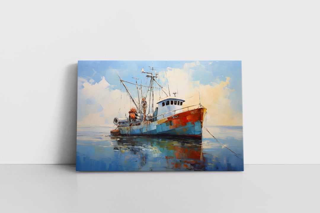 Vintage Old Fishing Boat Oil Painting Print Framed Canvas Wall - Etsy