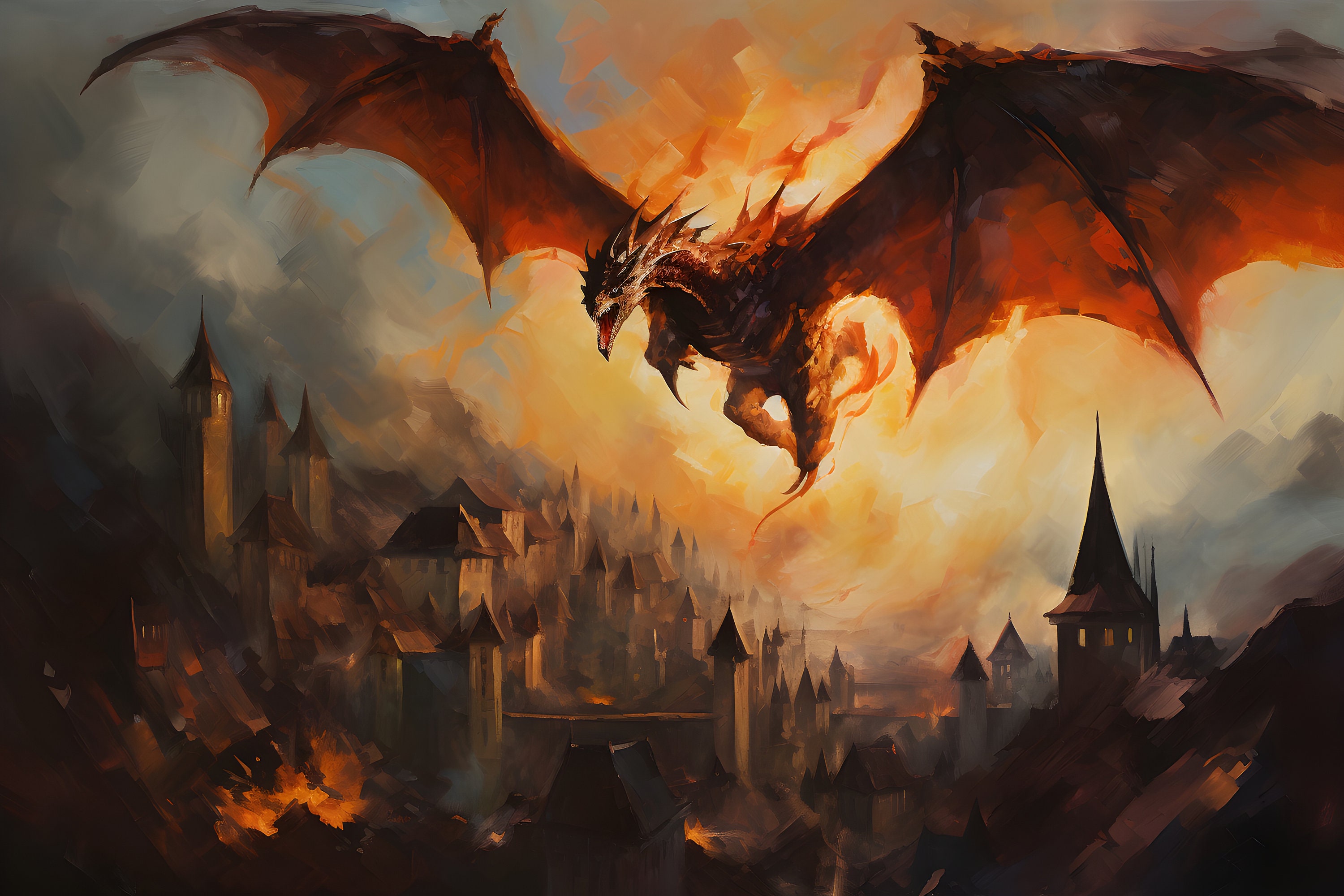 Vintage Dragon Burning Medieval Castle Oil Painting Print Framed Canvas ...
