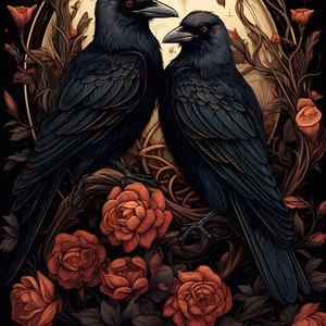 Two Romantic Gothic Ravens & Red Rose Flowers Canvas Wall Art - Etsy