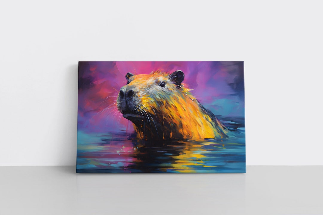 Colorful Neon Capybara Painting Print on Framed Canvas Wall Art Cute ...