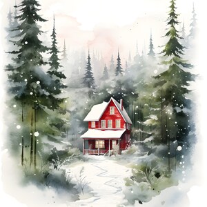 Minimalist Watercolor Snowy Cabin in Forest Painting Print Canvas ...