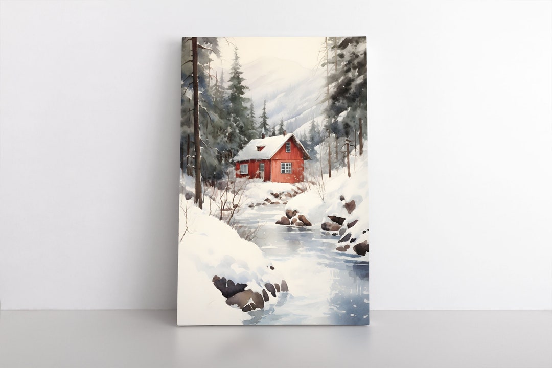 Cabin in Snowy Forest Watercolor Painting Print on Canvas Rustic Lodge ...