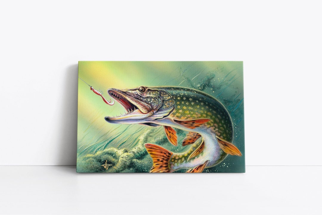 Northern Pike Vintage Painting Print on Canvas Wall Art | Fishing Decor ...