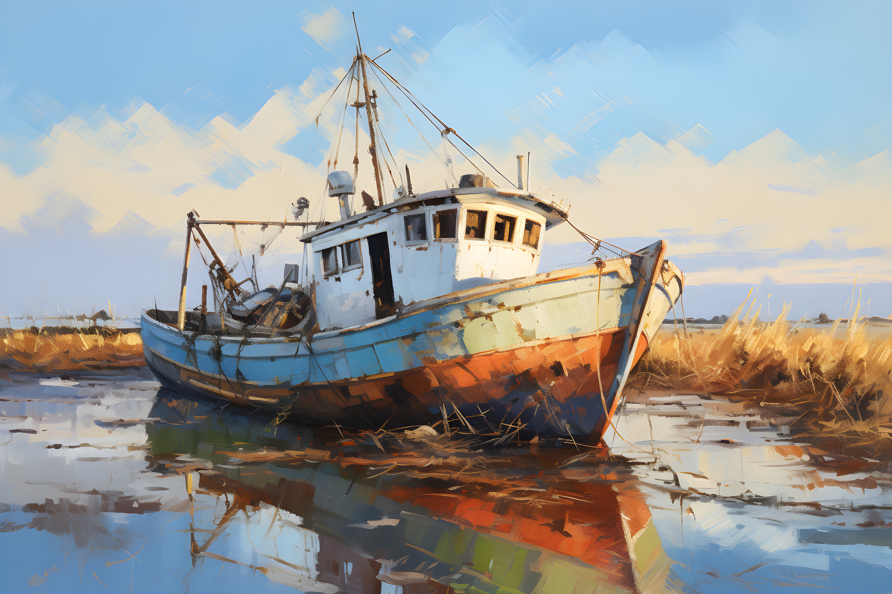 Vintage Old Fishing Boat Oil Painting Print Framed Canvas Wall Art ...