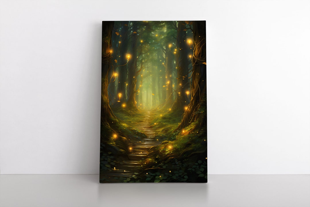 Fireflies on an Enchanted Magical Spirit Forest Path Canvas Wall Art ...