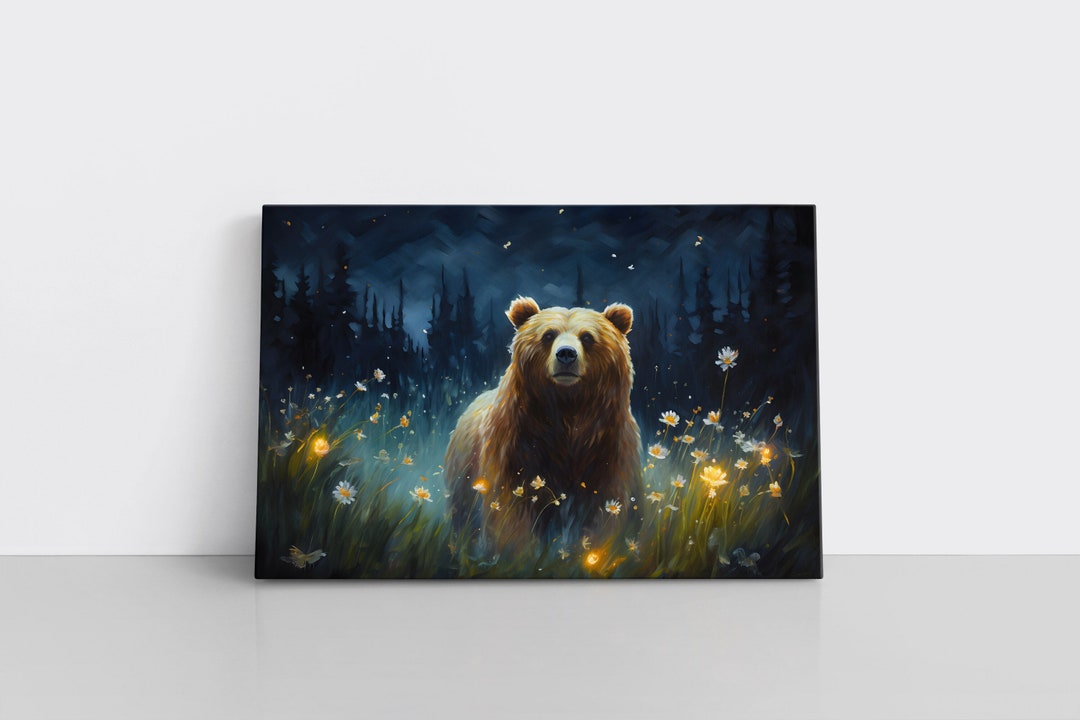 Grizzly Bear in Enchanted Magical Night Forest With Fireflies Canvas ...