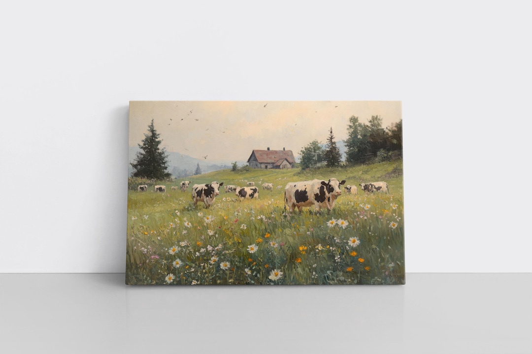 Pastoral Holstein Cow Print With Daisies and Farmhouse | Tranquil ...