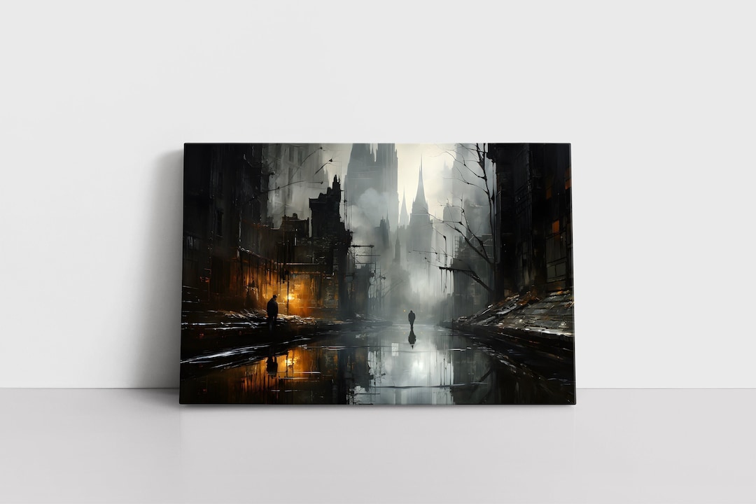 Fantasy Dark Future City Oil Painting Print on Framed Canvas | Gothic ...