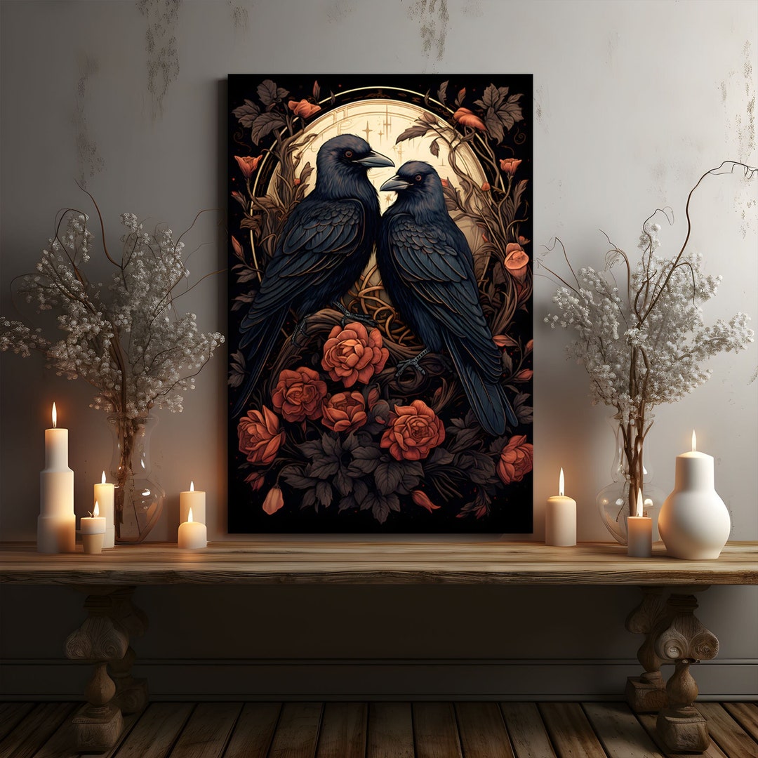 Two Romantic Gothic Ravens & Red Rose Flowers Canvas Wall Art Print ...