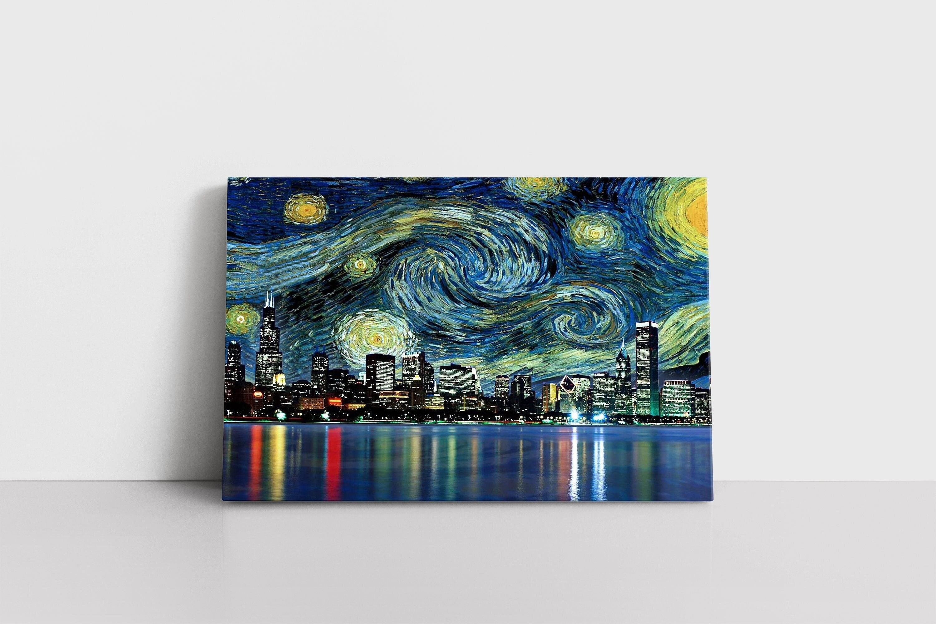 Chicago Skyline Cityscape Starry Night Vincent Van Gogh Painting Print ...