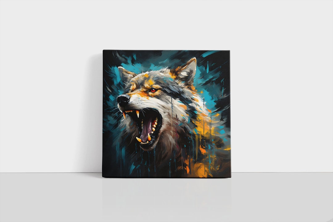 Colorful Fierce Wolf Portrait Oil Painting Print on Framed Canvas Wall ...
