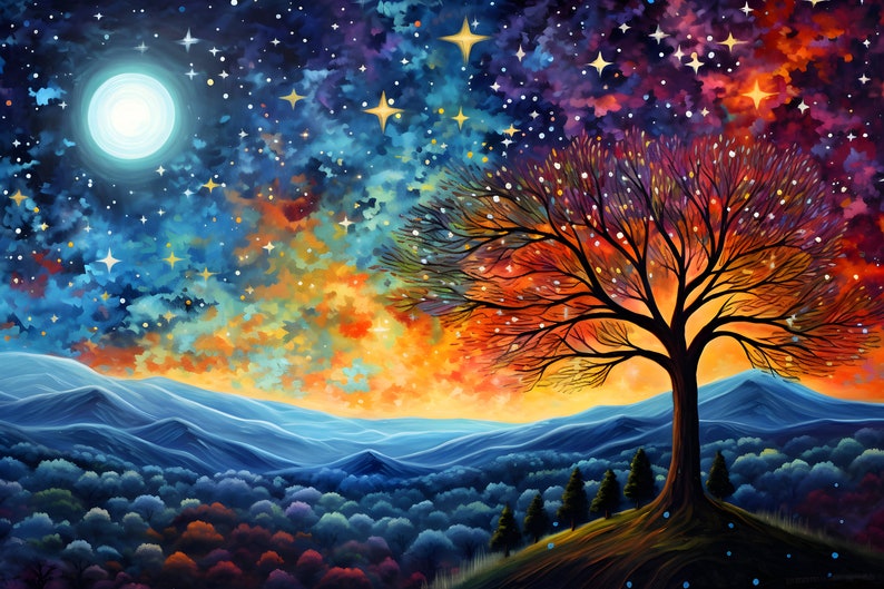 Dreamscape Painting Print on Framed Canvas Wall Art Night Sky Surreal ...