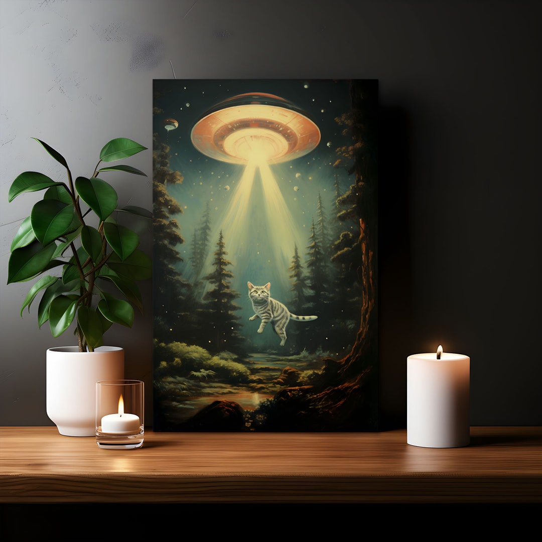 Funny Cute Cat UFO Alien Abduction Wall Art Print on Canvas Bedroom ...