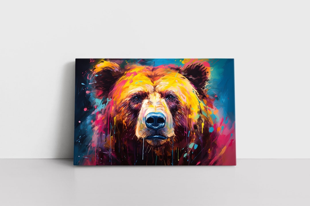 Colorful Neon Grizzly Bear Oil Painting Print on Framed Canvas Wall Art ...