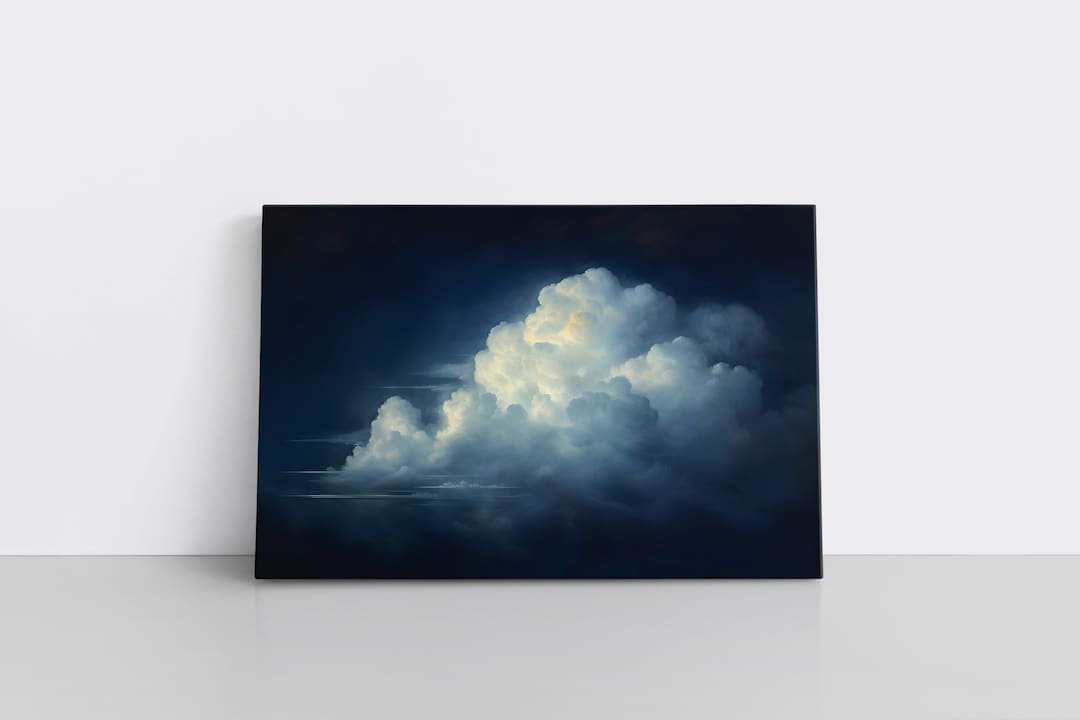 Abstract Storm Cloud Painting Print on Framed Canvas Moody Blue Sky & Clouds Artwork Minimalist ...