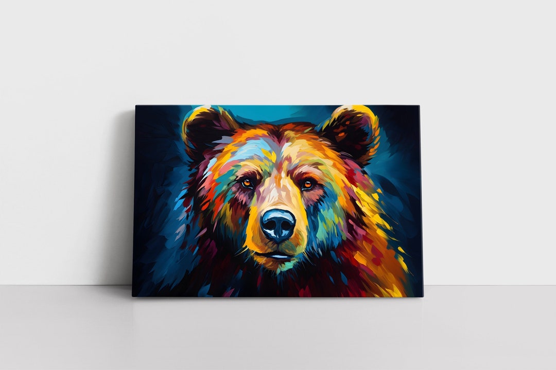 Colorful Grizzly Bear Oil Painting Print on Framed Canvas Wall Art Home ...