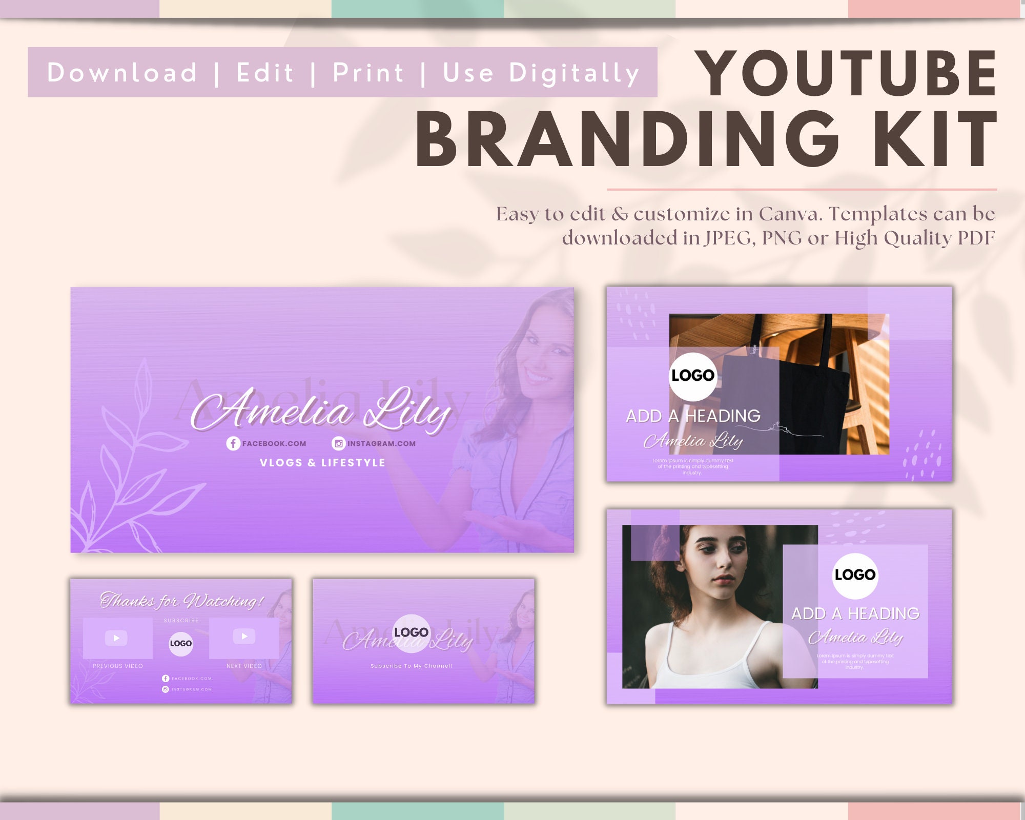 Youtube Branding Kit , Editable , DIY , Banners , Intros , Outros ...