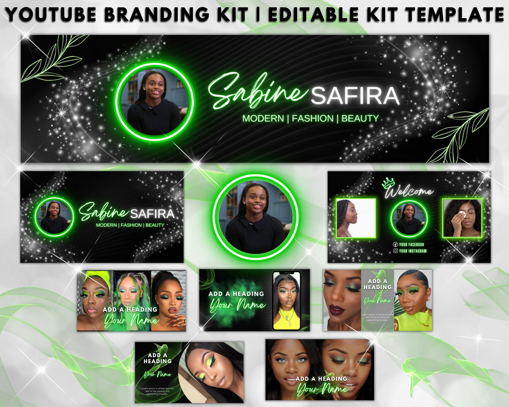 Neon Green Youtube Branding Kit Gaming, Editable Banners, Animated ...