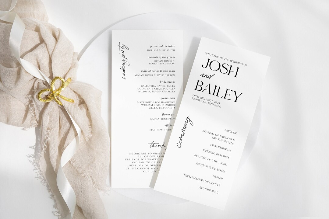 Wedding Program for Elegant Wedding, Double Sided Program, Classic ...