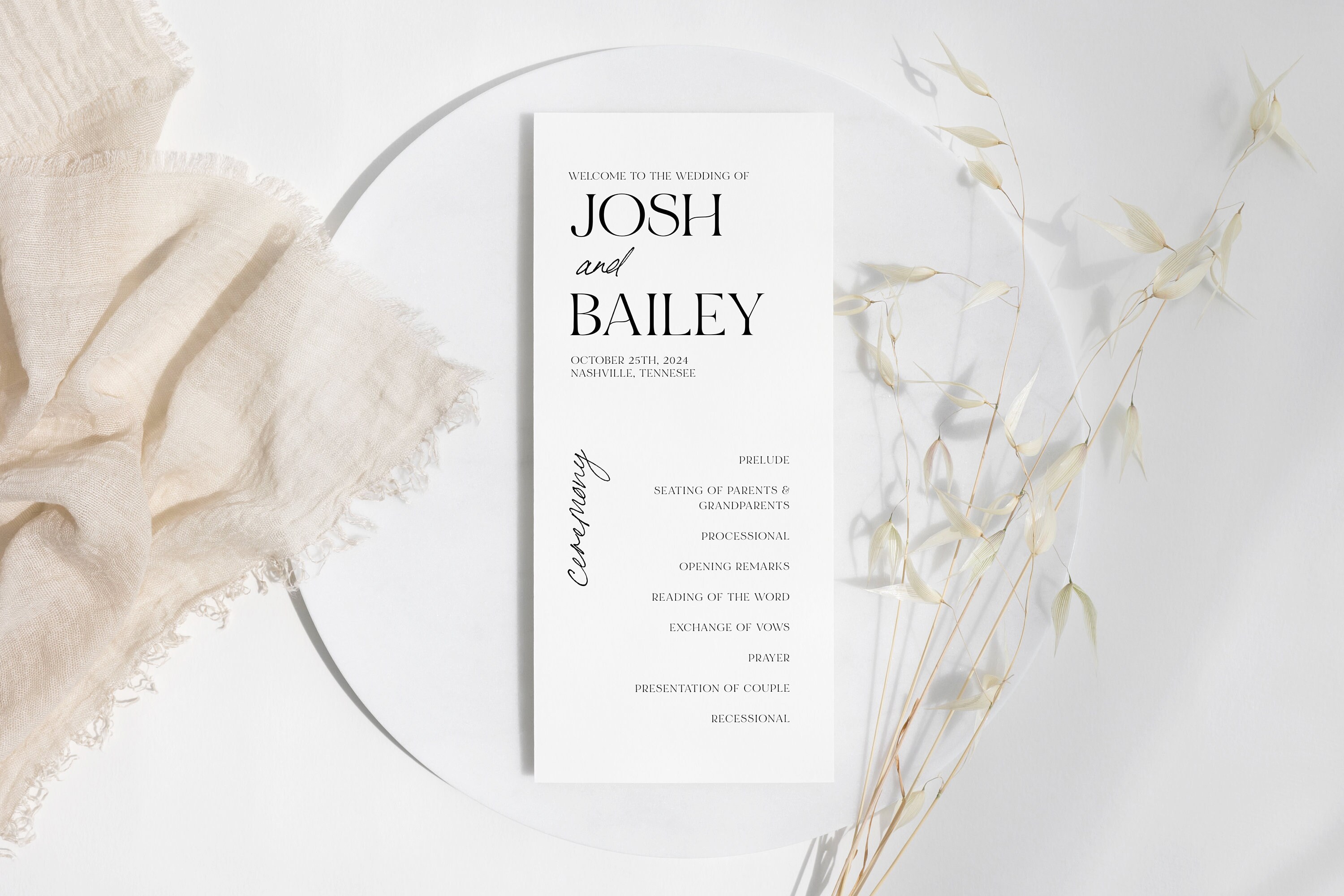 Wedding Program for Elegant Wedding, Double Sided Program, Classic ...