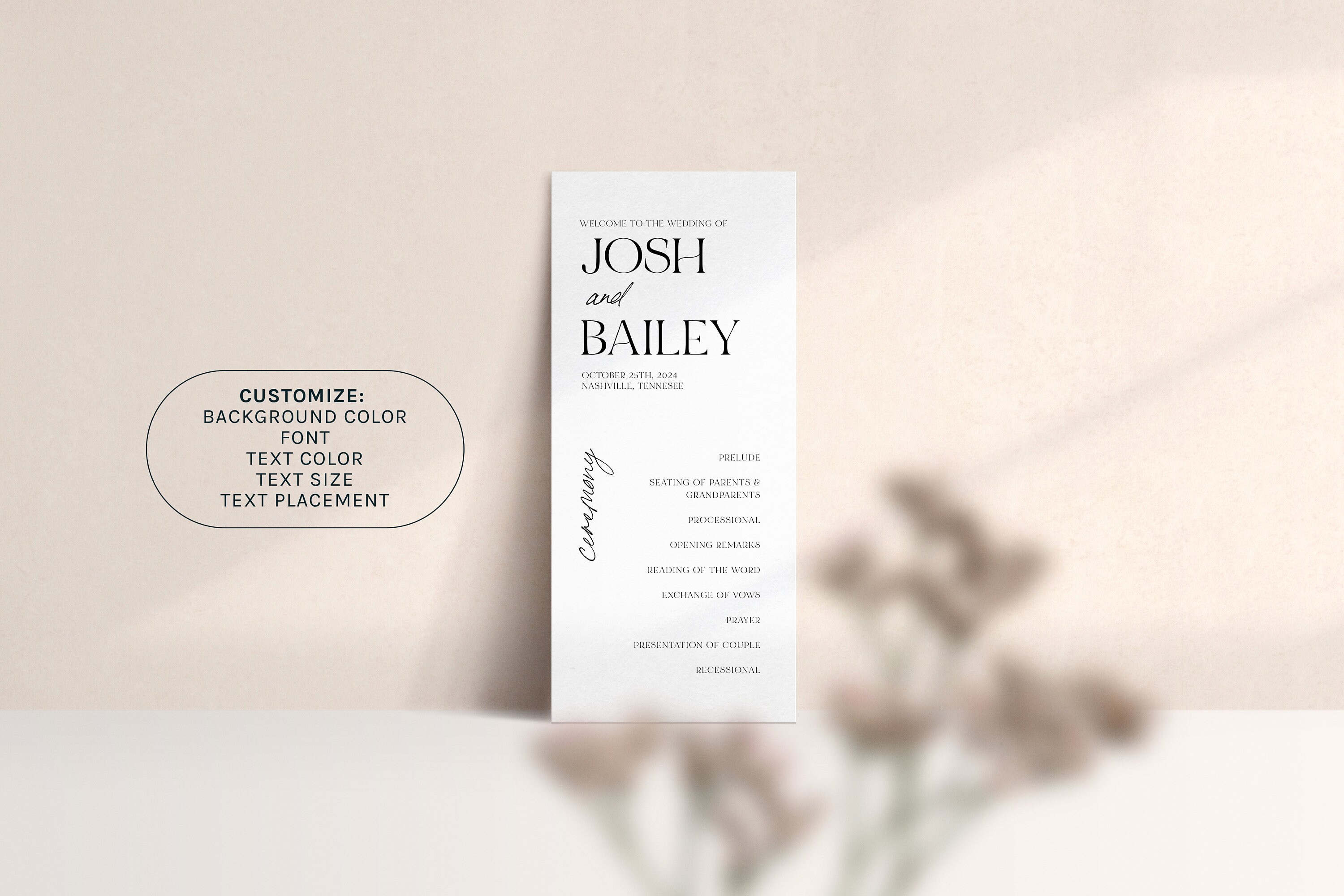 Wedding Program for Elegant Wedding, Double Sided Program, Classic ...