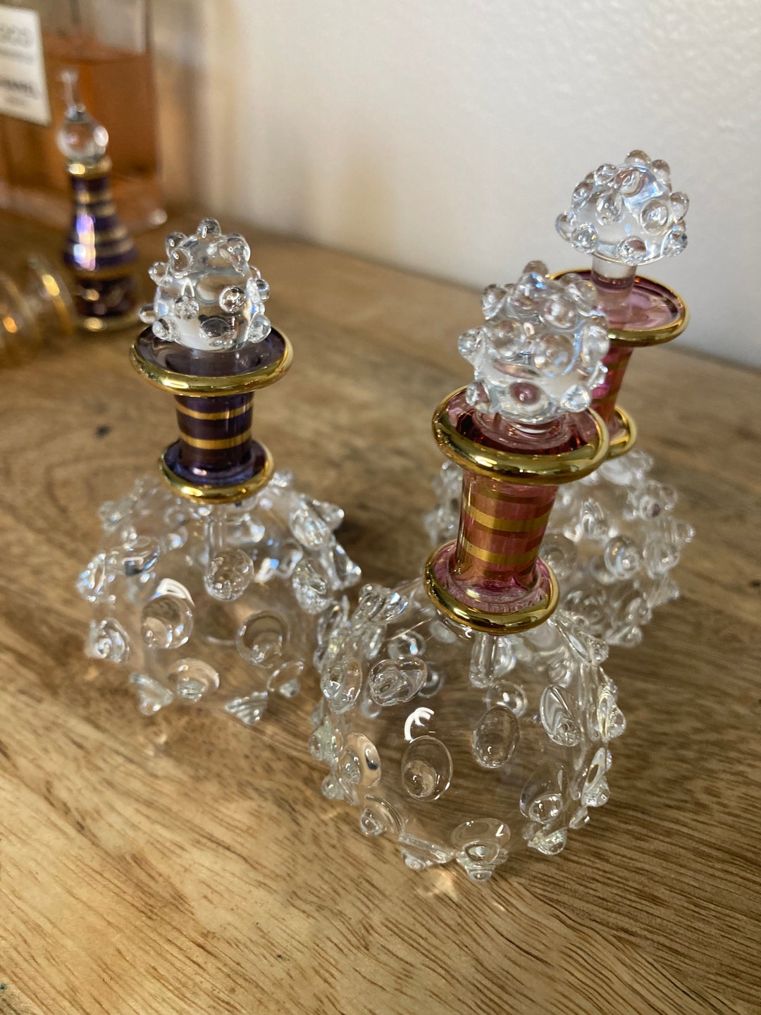 Classic Egyptian Hand Blown Glass Perfume Bottle With 14 K Gold Trim Also Decors At Your Home